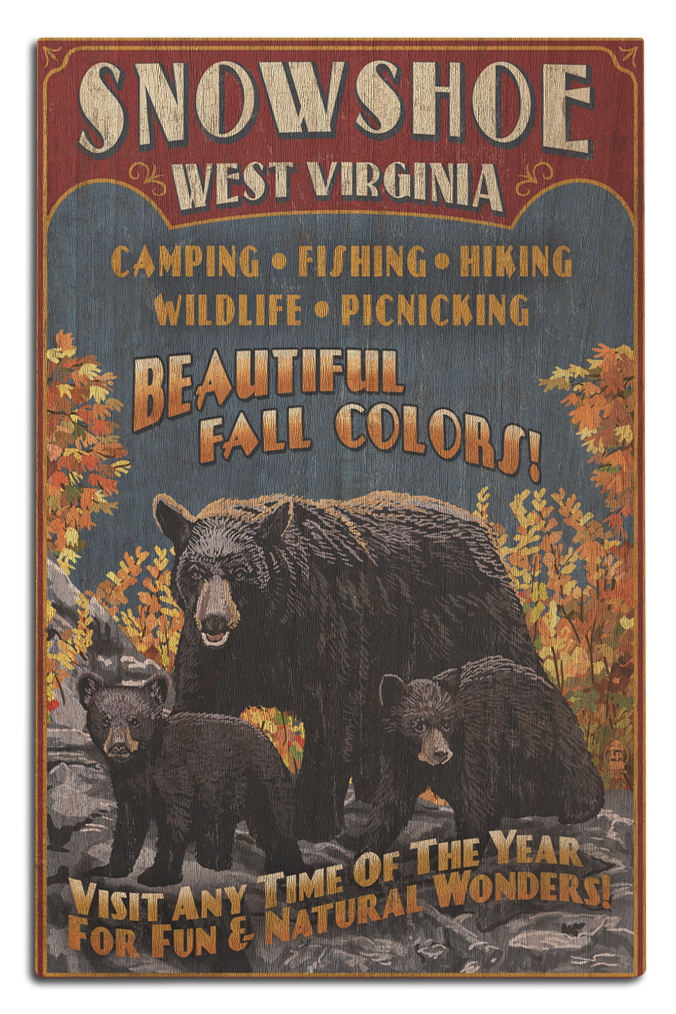 Snowshoe, West Virginia, Black Bear Vintage Sign Birch Wood Wall Sign ...