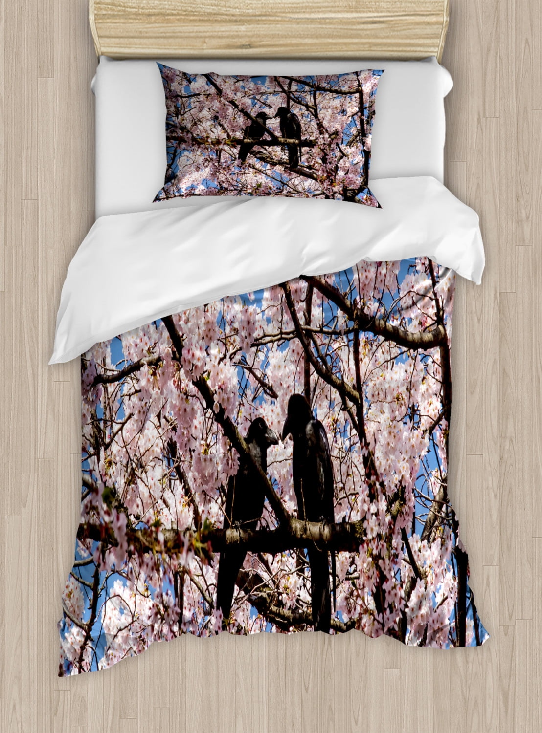Black Crow Duvet Cover Set Twin Size, Photo of Birds on Cherry Blossom ...