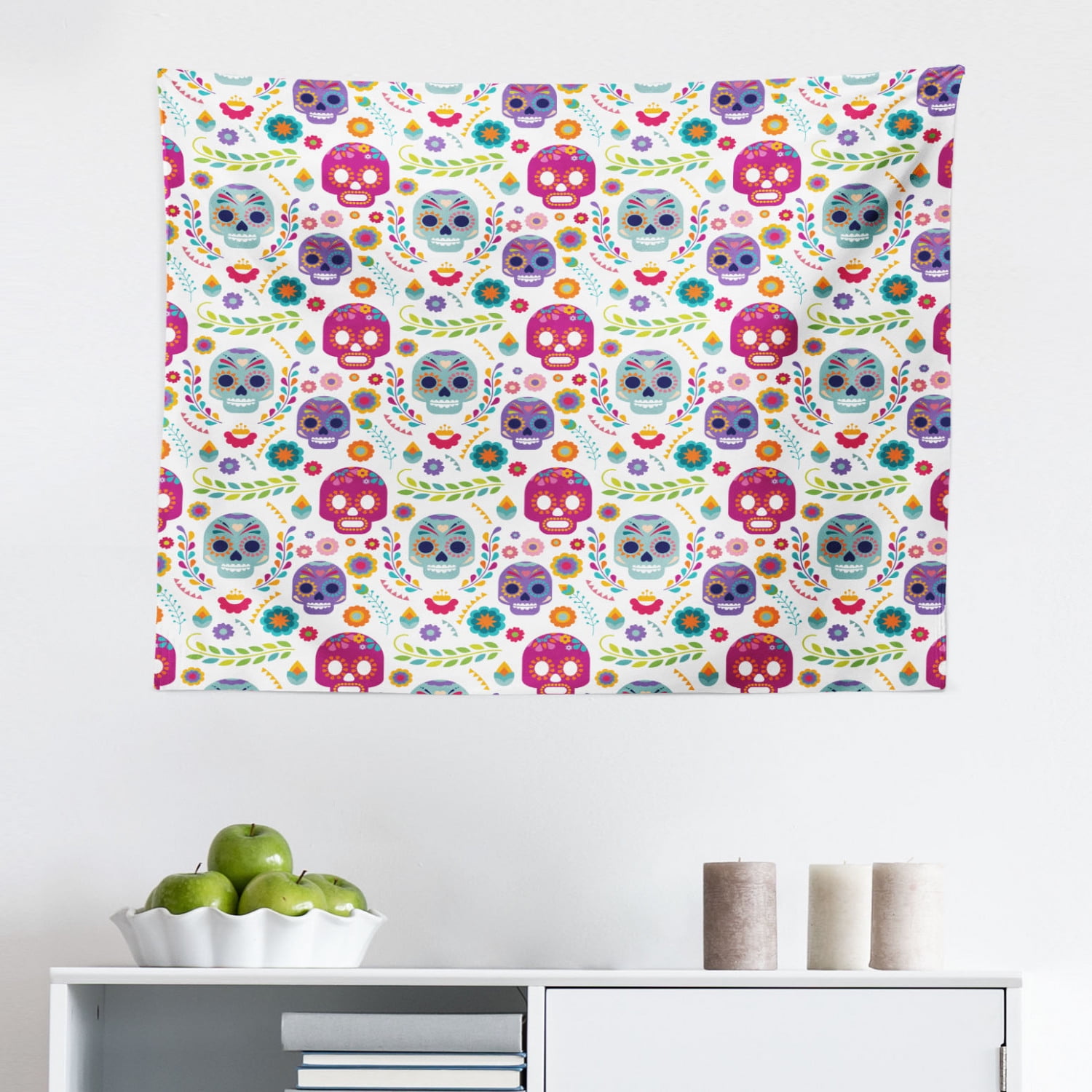Mexican Tapestry, Native Latin Elements Sombrero and Maracas on Wood ...