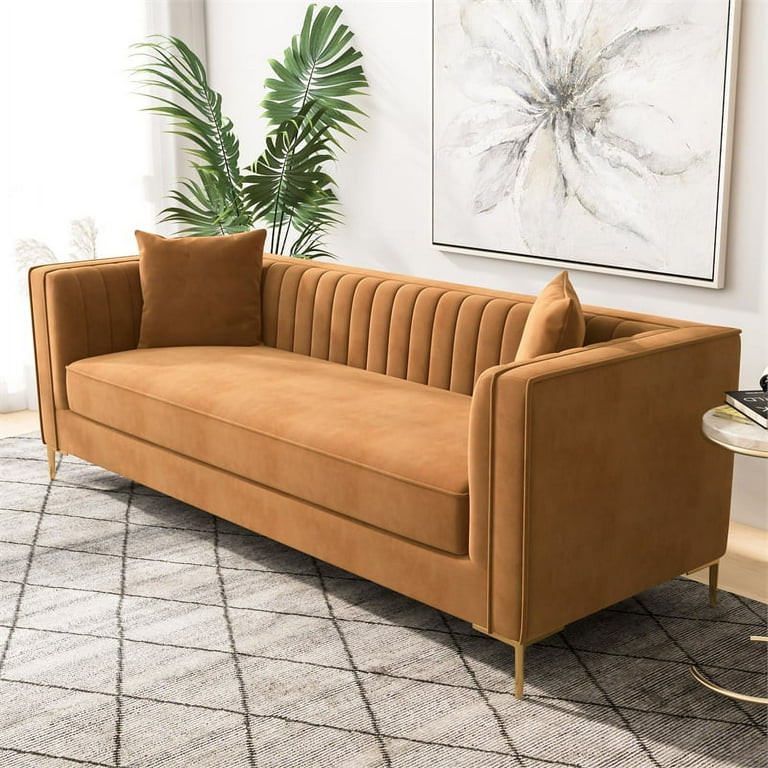 Ashcroft Kassandra Velvet & Wood Couch with Square Arm in Ashcroft Kassandra Velvet & Wood Couch with Square Arm in