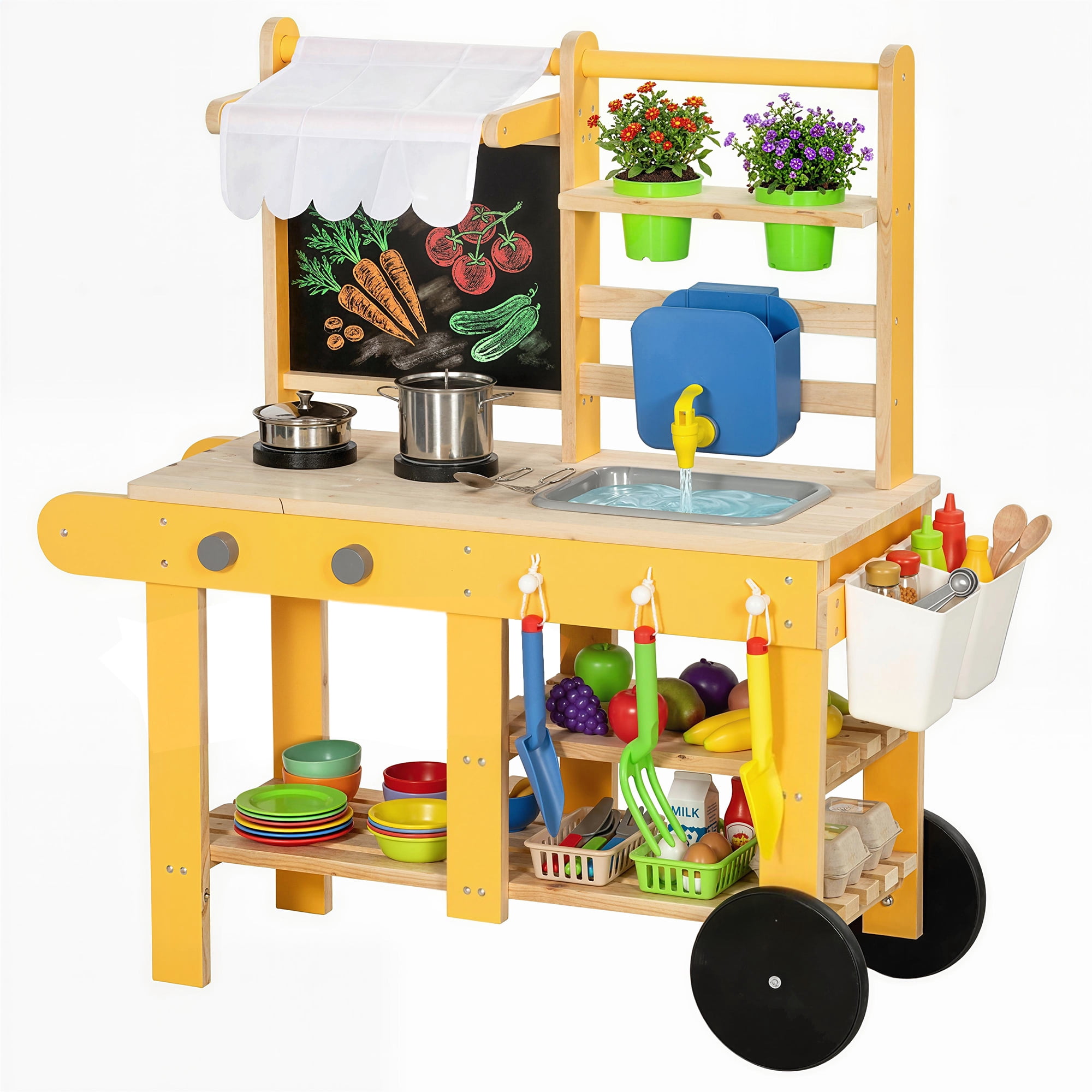 Qaba Mud Kitchen with Wheels, Sink, Stove, Shelf and Blackboard, Yellow ...