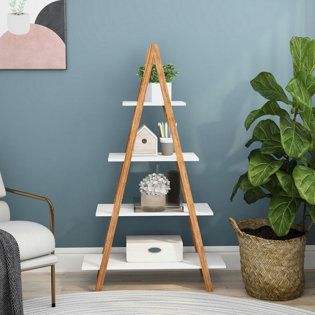 Solid Bamboo Wood Oxford “A”frame Ladder Display Bookshelf, 4-tire ...