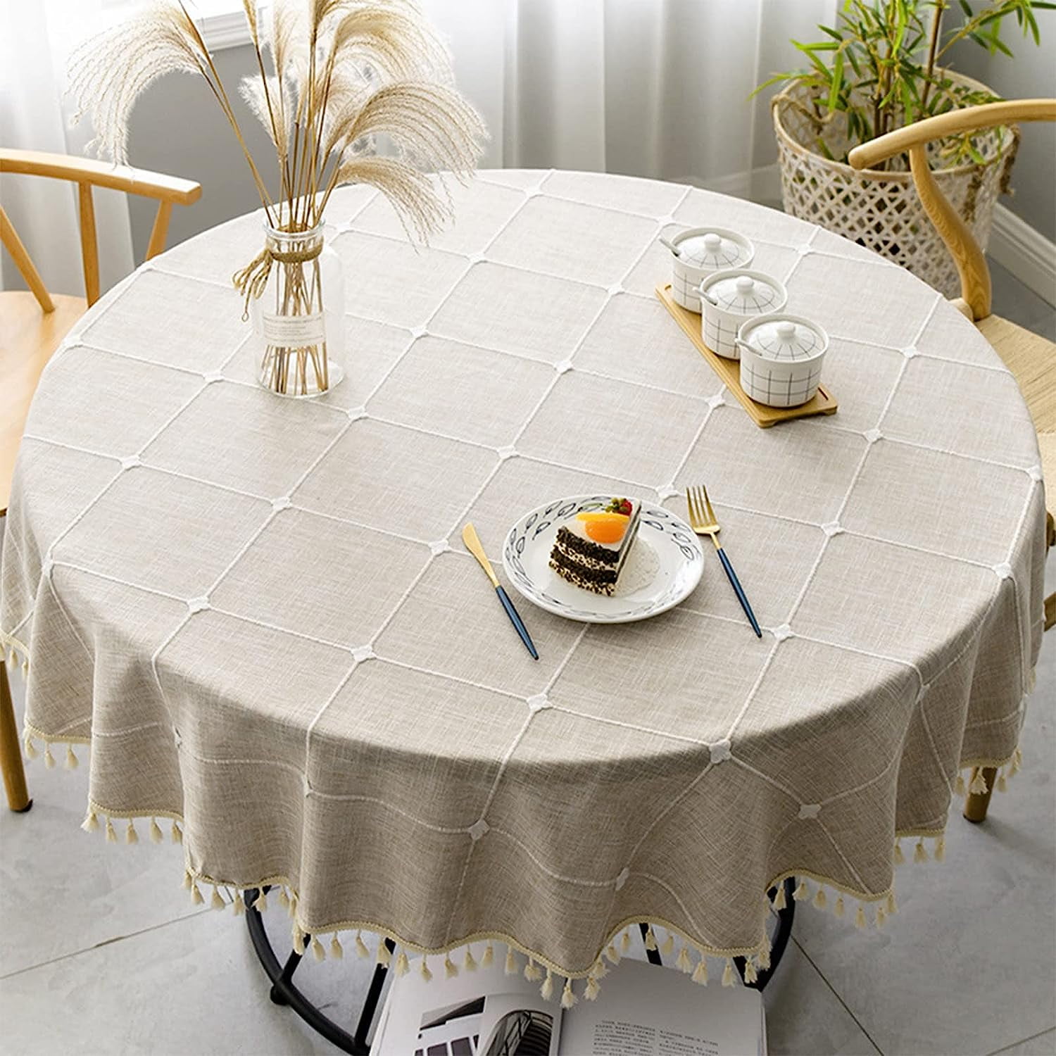 STONCEL Round Tablecloth, Boho Plaid Tassel Round Table Cloth, Heavy ...