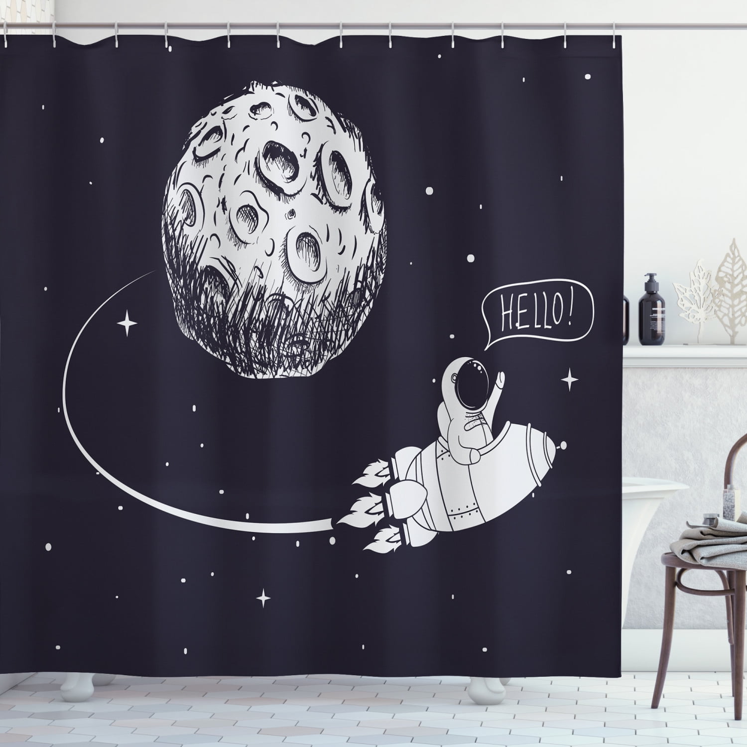 Hello Shower Curtain, Hand Waving Astronaut in a Rocket from Moon ...