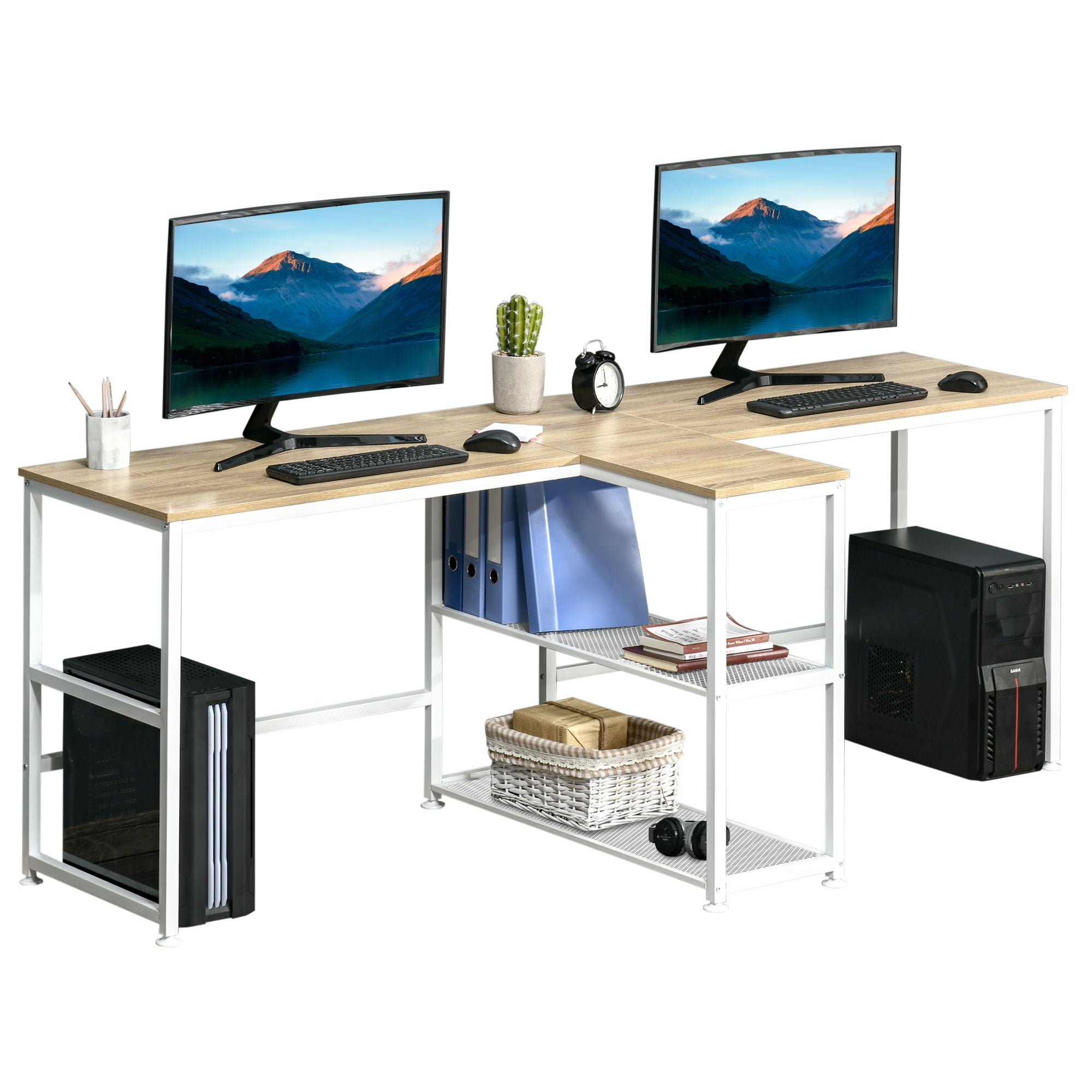 HomCom 83" Two Person Computer Desk with 2 Storage Shelves, Natural ...