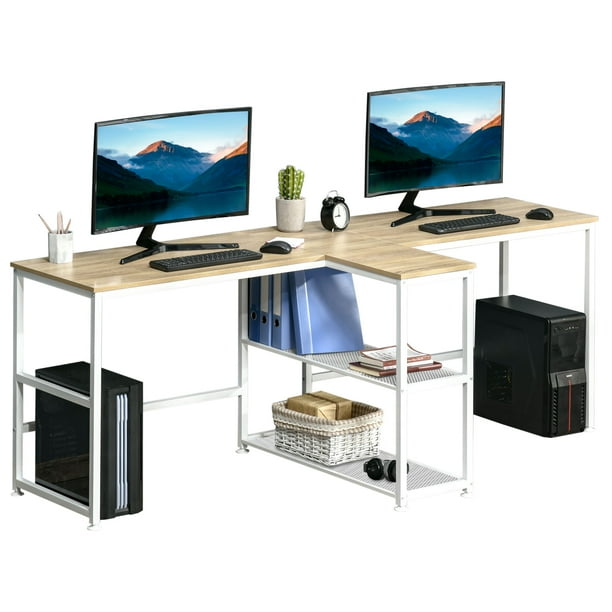 HomCom 83" Two Person Computer Desk with 2 Storage Shelves, Natural ...