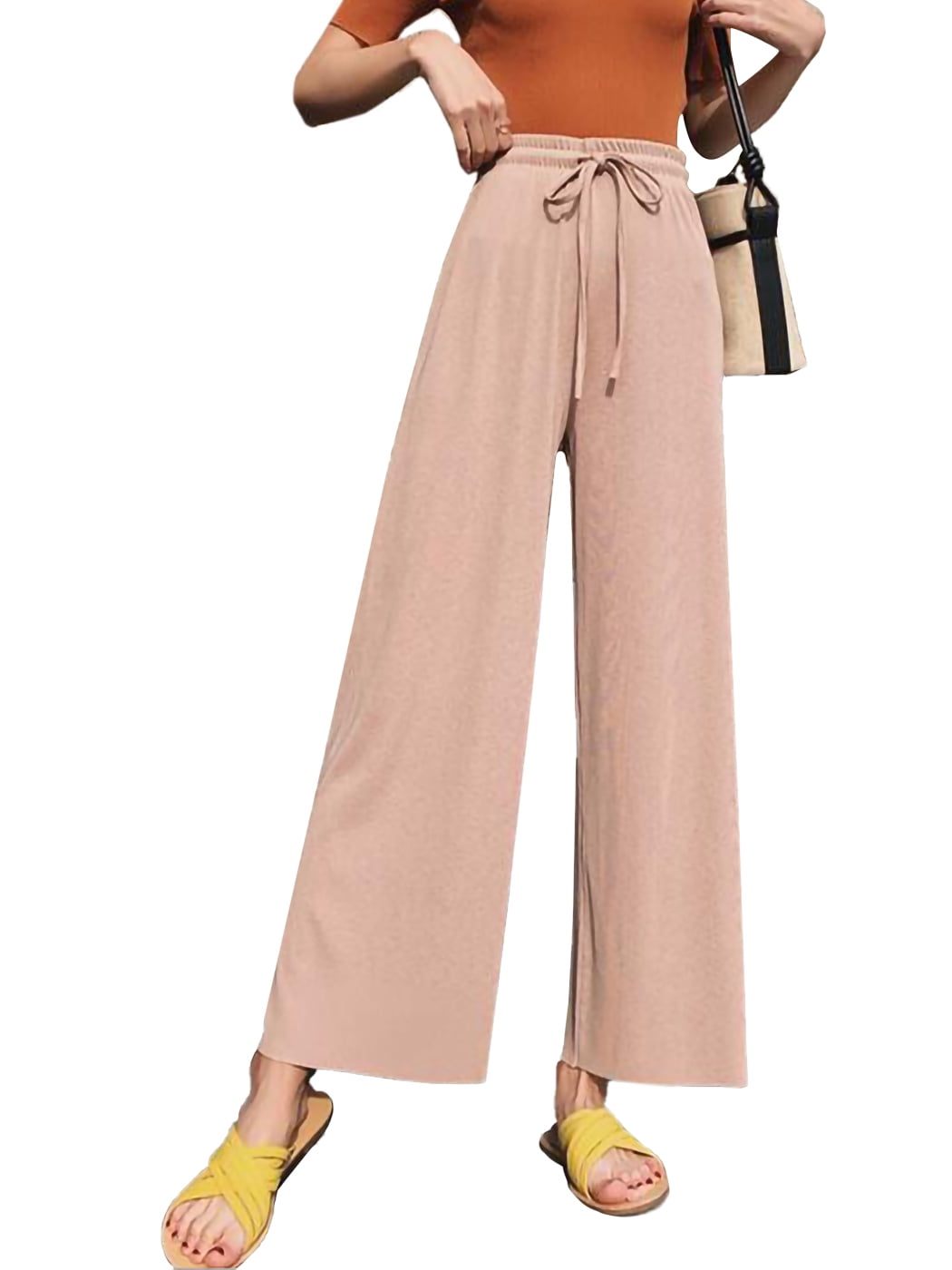 Women's Loose Knit Drawstring High Waist Solid Wide Leg Pants - Walmart.com