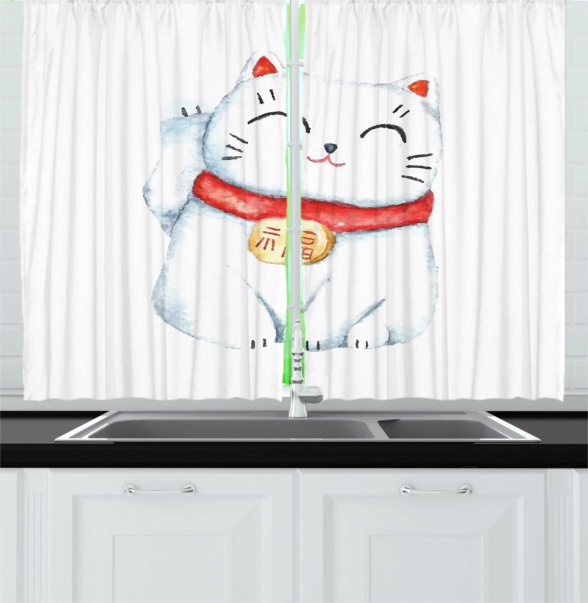 Japanese Cat Kitchen Curtains, Graphical Look Japanese Folklore Maneki ...