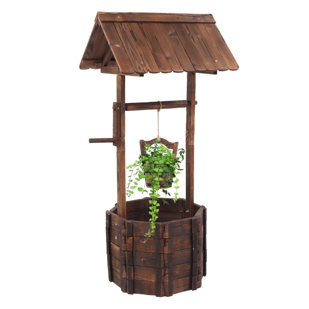 Wooden Wishing Well with Hanging Bucket, Outdoor Rustic Wishing Well ...