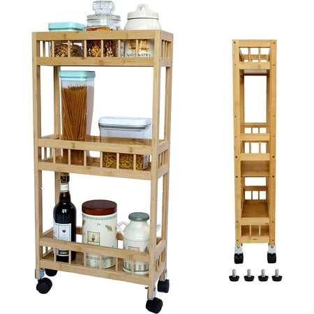 Bamboo Storage Cart - 3-Tier Wood Narrow Kitchen Cart with Adjustable ...