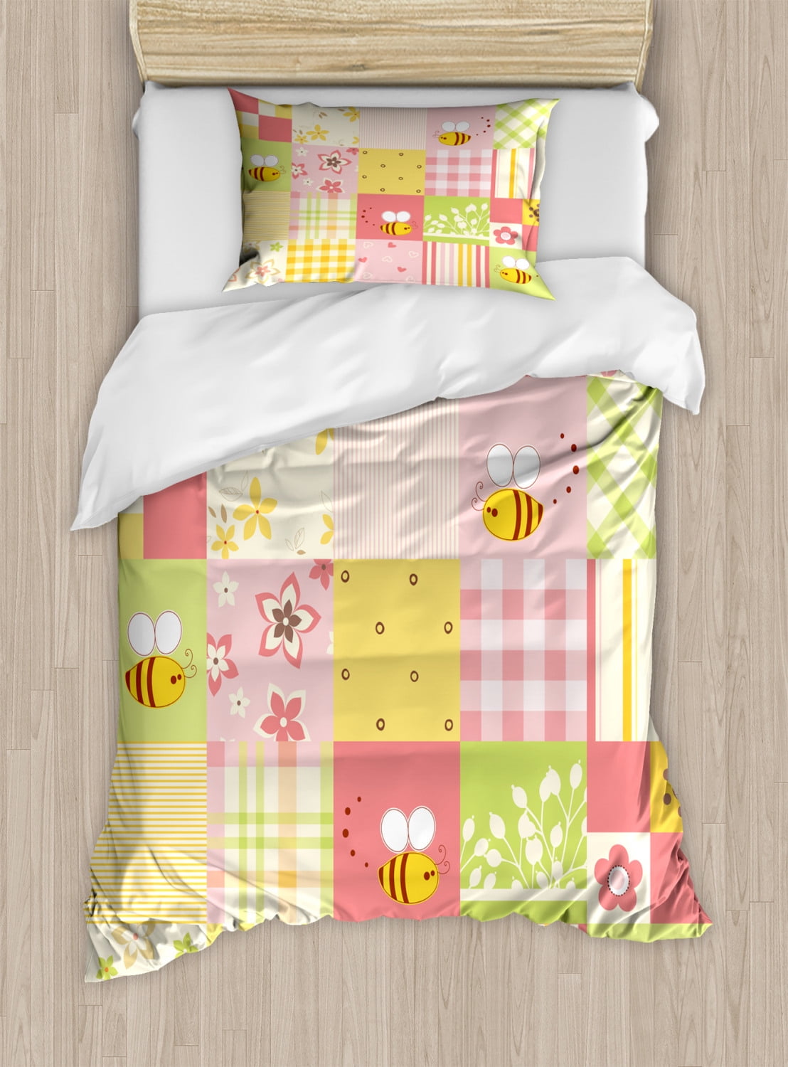 Bee Twin Size Duvet Cover Set, Floral and Geometric Designed Tiles of ...