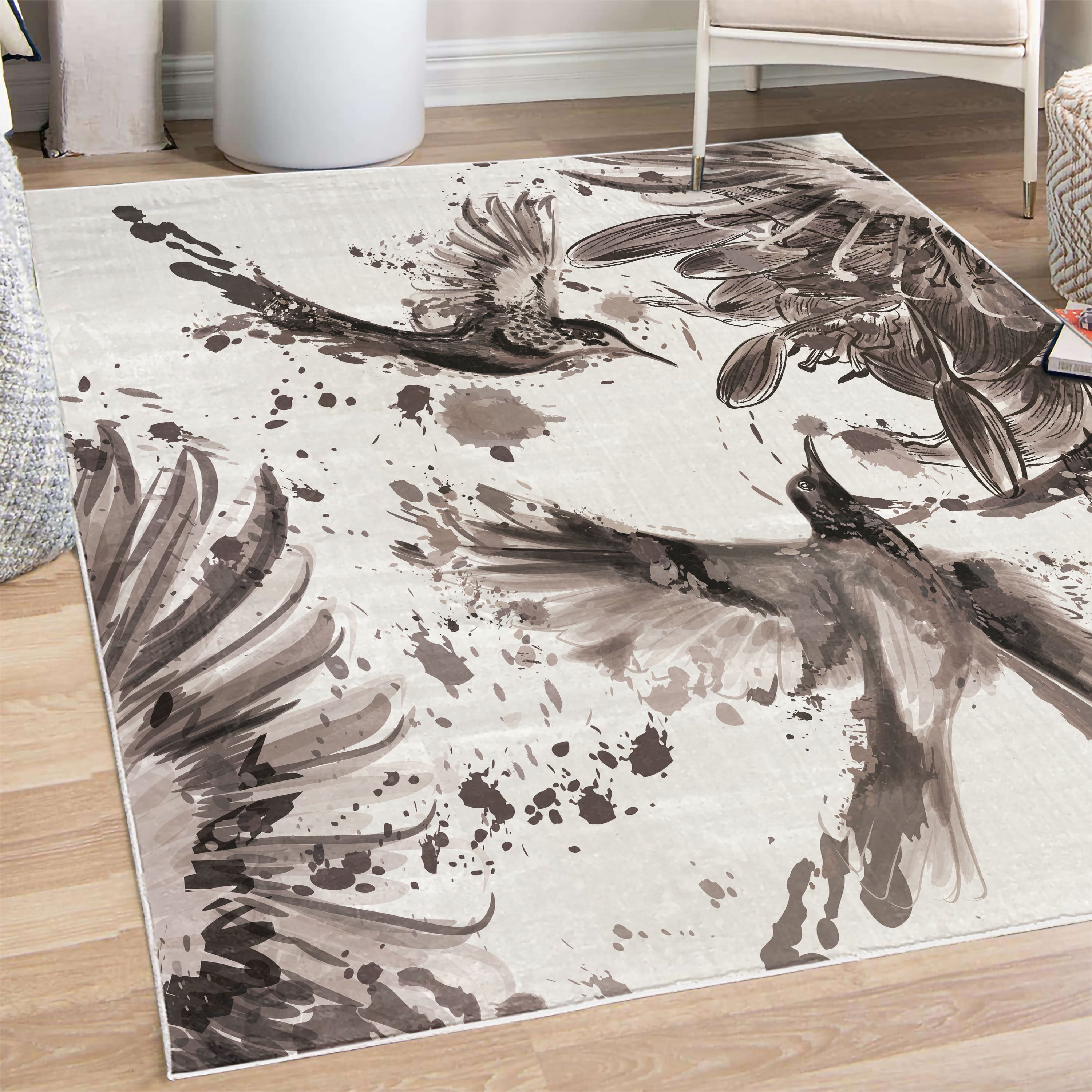 Hummingbird Decorative Rug, Art Lily Flowers Birds and Color Splashes ...