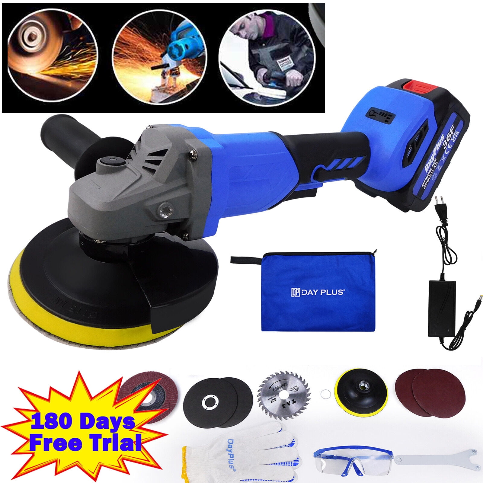 Dayplus Cordless Angle Grinder with 6Ah Battery and Charger & Disc Kit ...