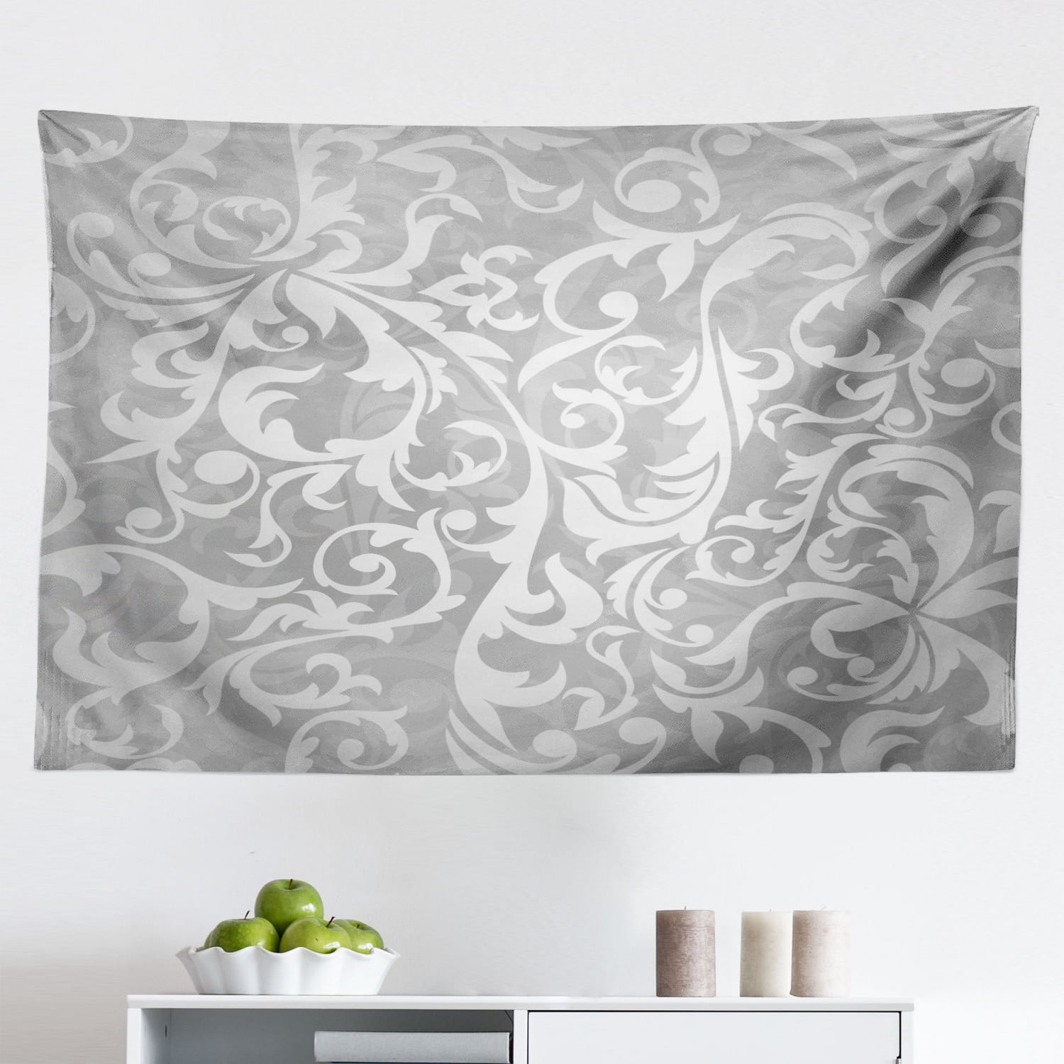 Grey Tapestry, Abstract Natural Ivy Leaves Flowers Curly Branches Vine ...
