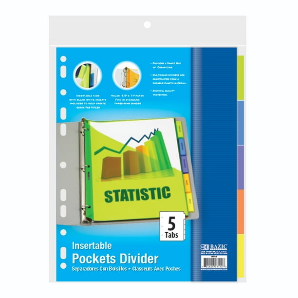 BAZIC Binder Dividers Pockets & 5 Insertable Color Index Tabs, 11 Hole ...