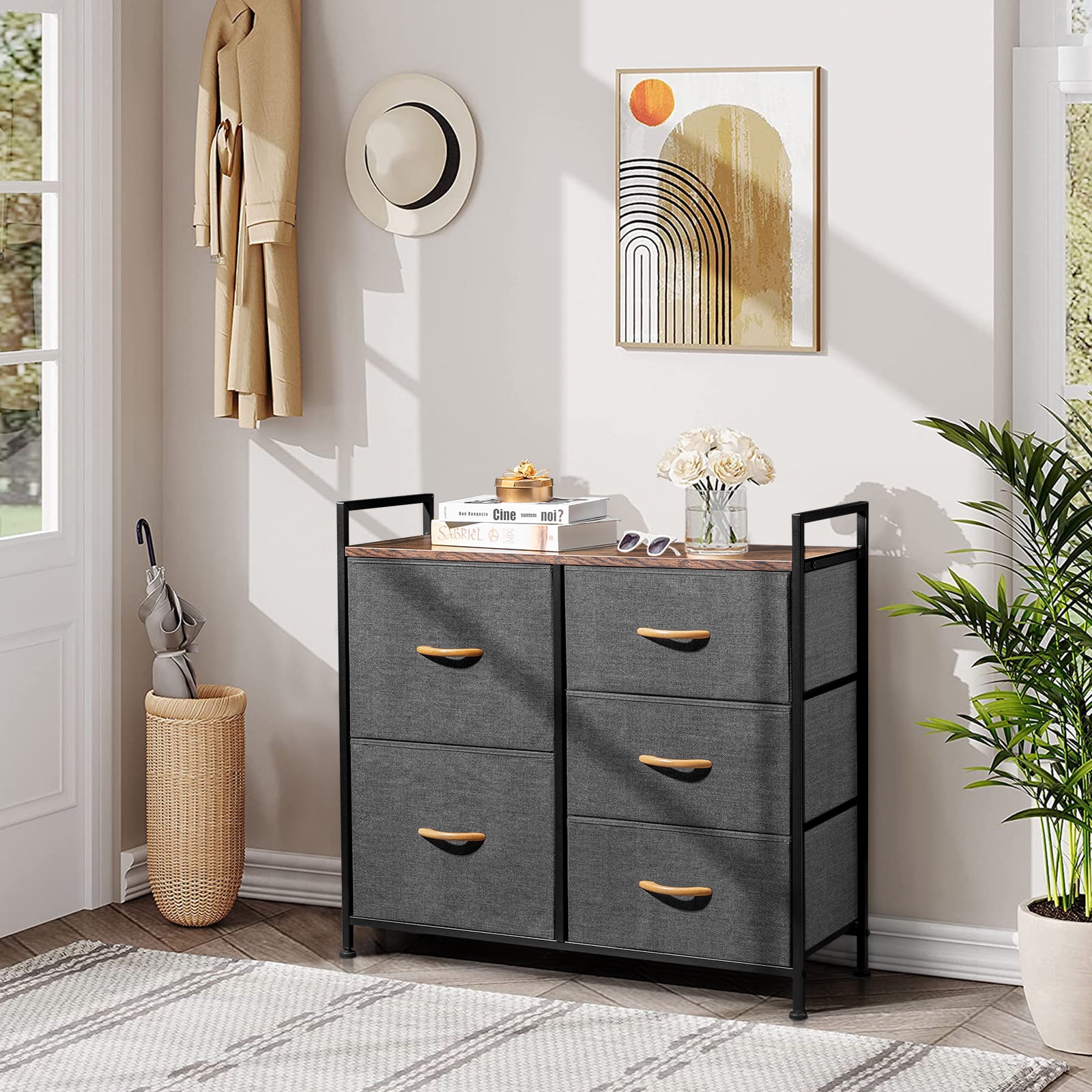 GoDecor Wood Top and Fabric Easy Pull Drawer,2 Big 3 Small Drawer ...