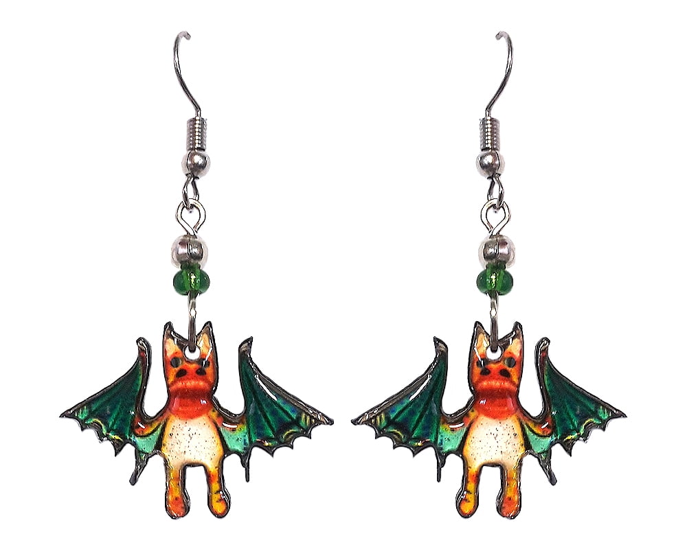 Bat Halloween Themed Graphic Dangle Earrings - Womens Fashion Handmade ...