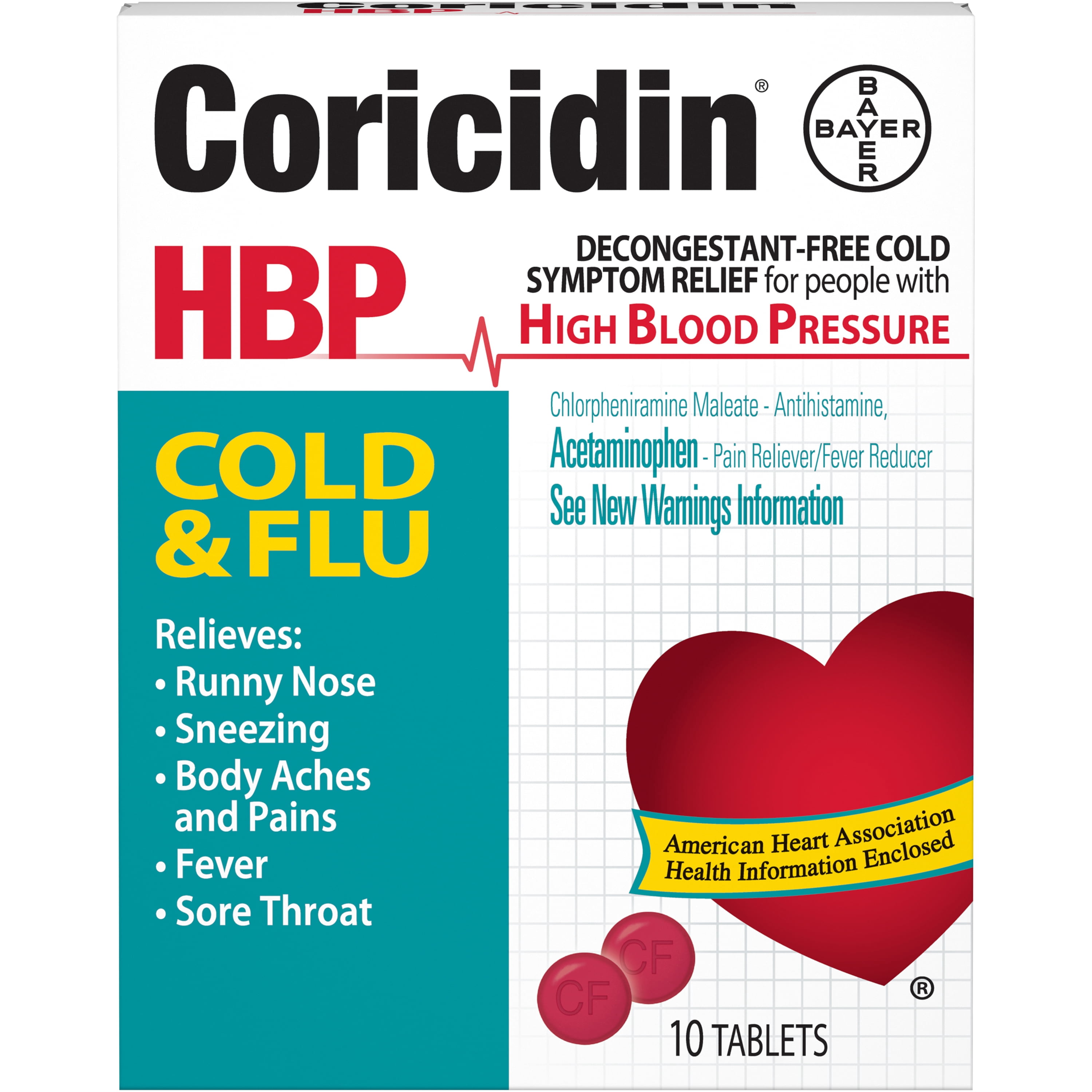 Coricidin HBP Cold Flu Relief Tablets High Blood Pressure 10 Count Coricidin HBP Cold Flu Relief Tablets High Blood Pressure 10 Count