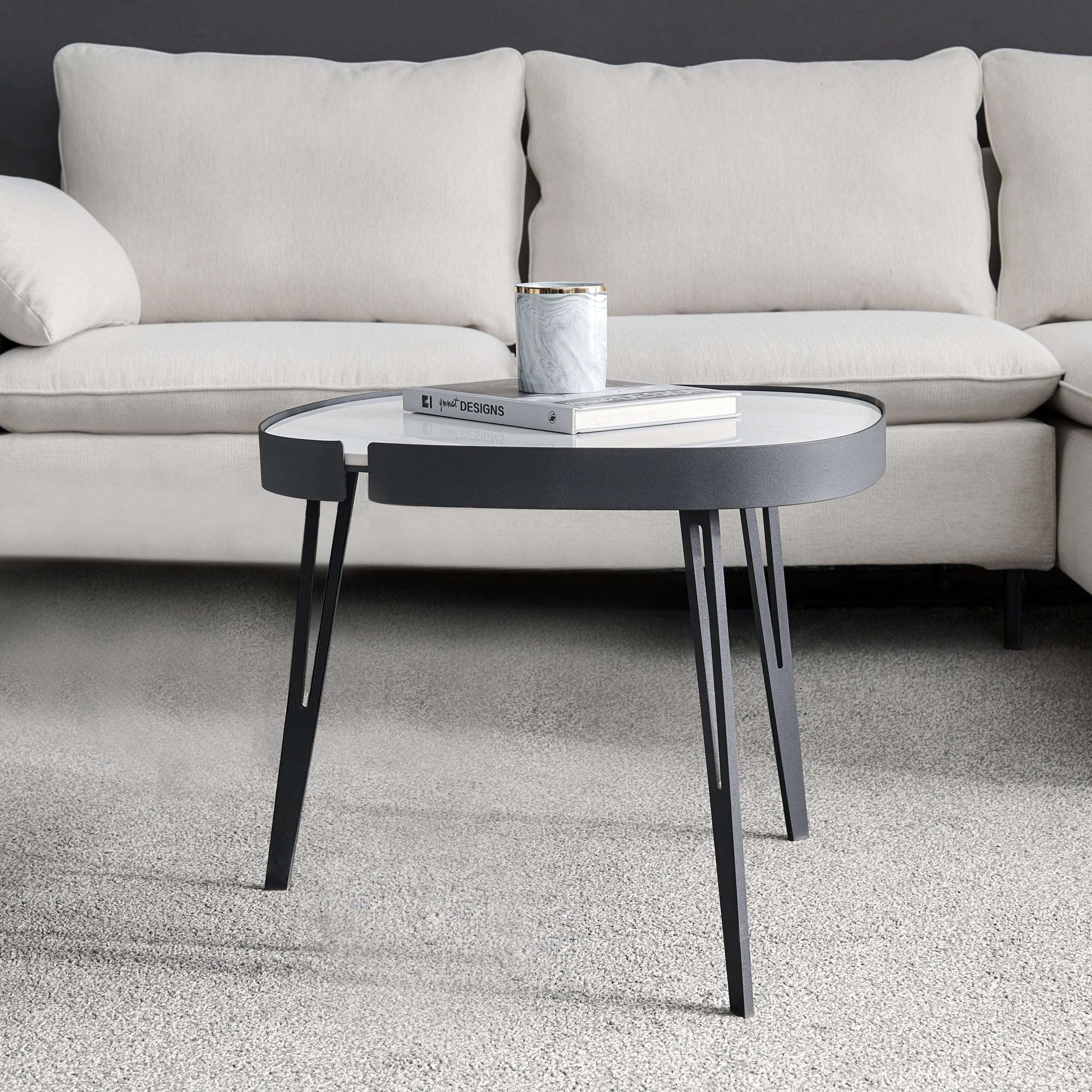 Modern Coffee Table, Black Metal Frame with Sintered Stone Tabletop ...