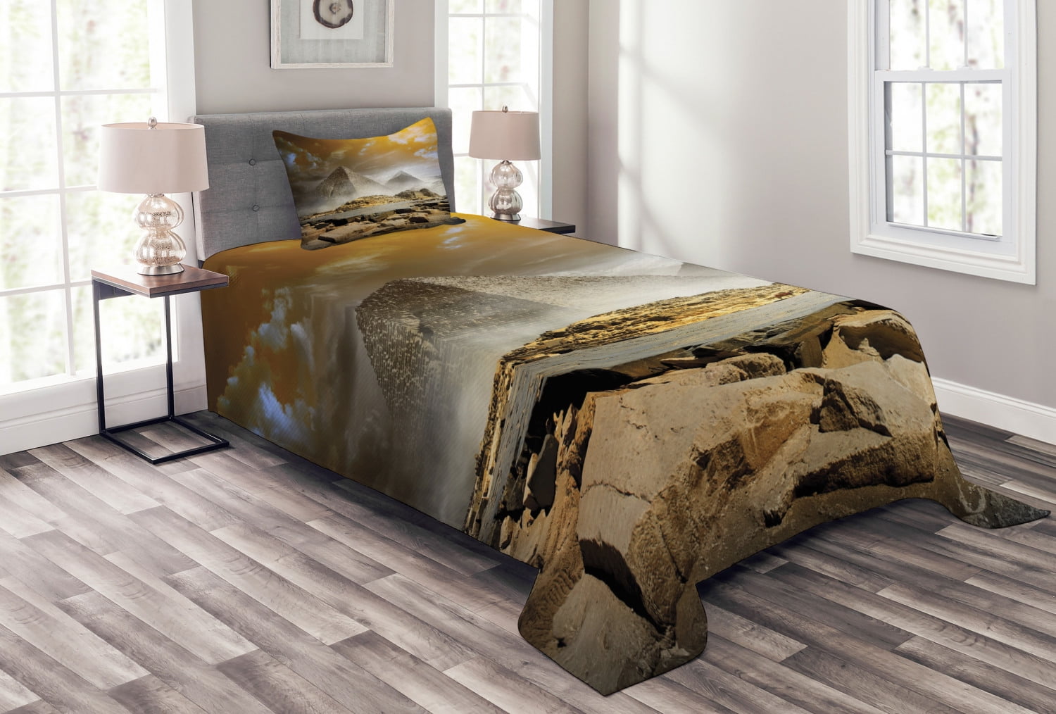 Ambesonne Egyptian Quilted Bedspread Set 2 Pcs, Pyramids with Clouds ...