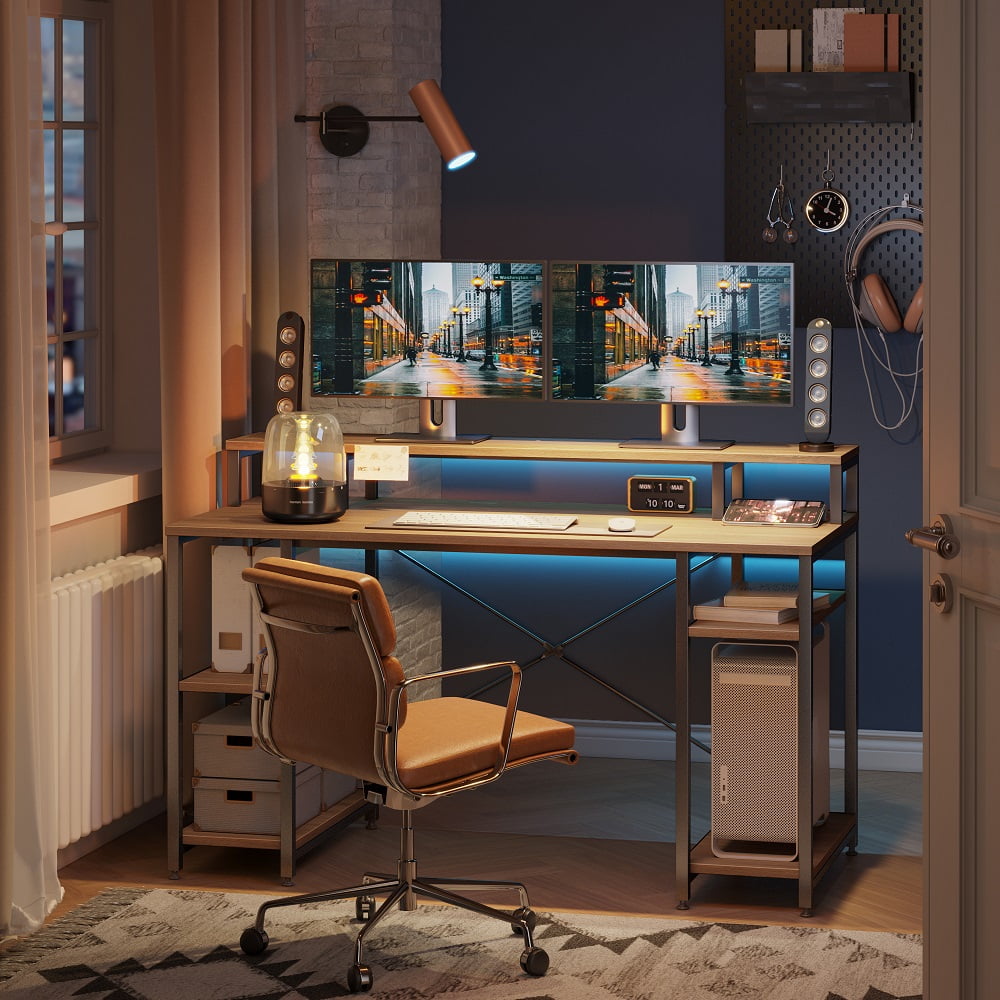 Bestier 55 inch Computer Desk with Monitor Stand Writing Desk in Oak in ...