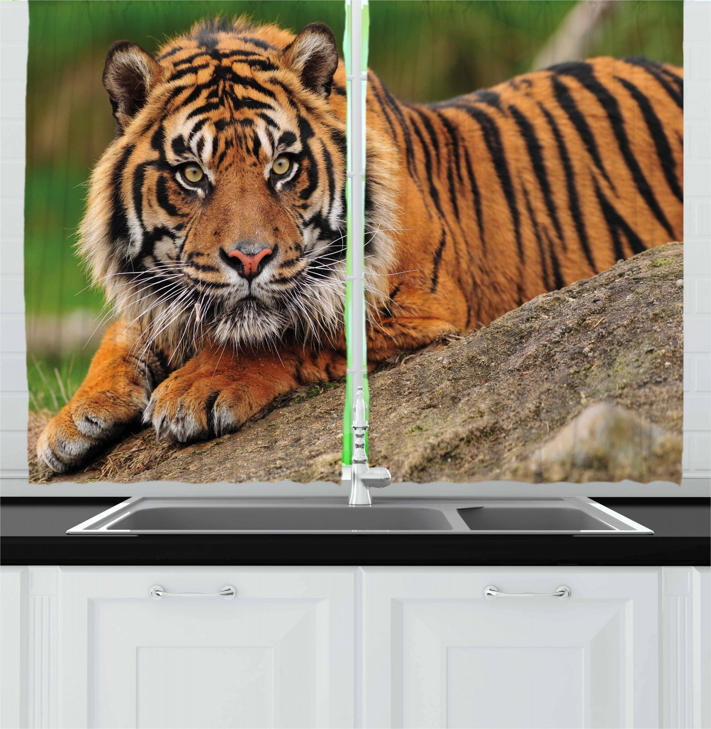 Tiger Curtains 2 Panels Set, Noble Beast Crouching on a Rock Sumatrian ...