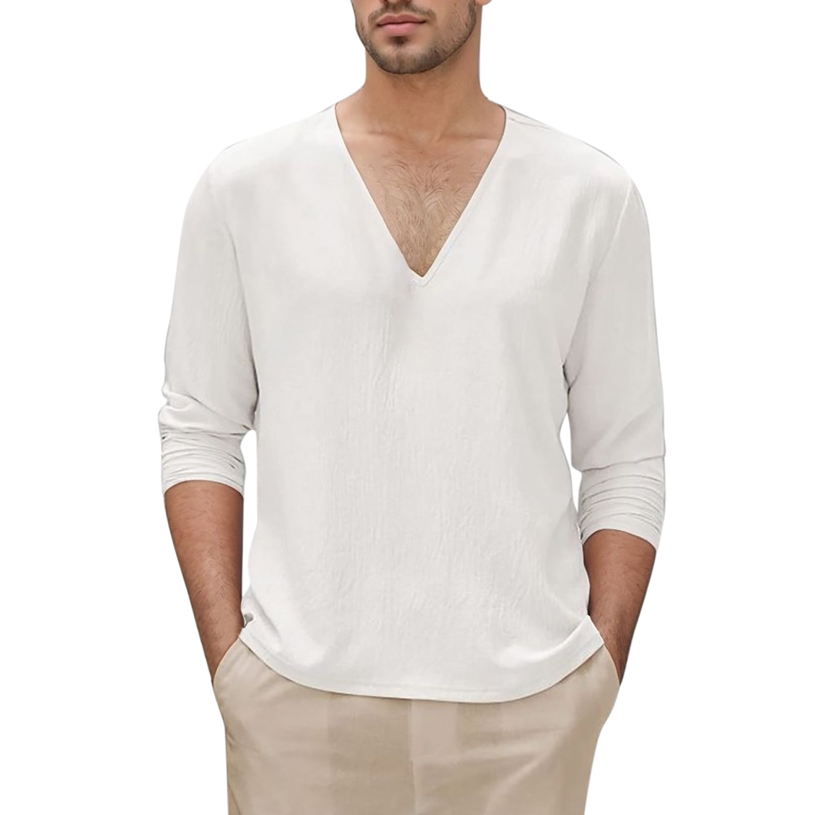 Click here for Hiiyo Mens Cotton Linen T-Shirt Long Sleeve V Neck... prices