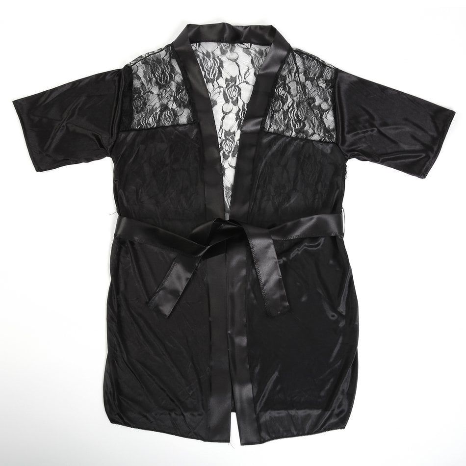 Solid Color Sexy Bathrobe Backless Lace Splice Kimono Sauna Robe Home ...