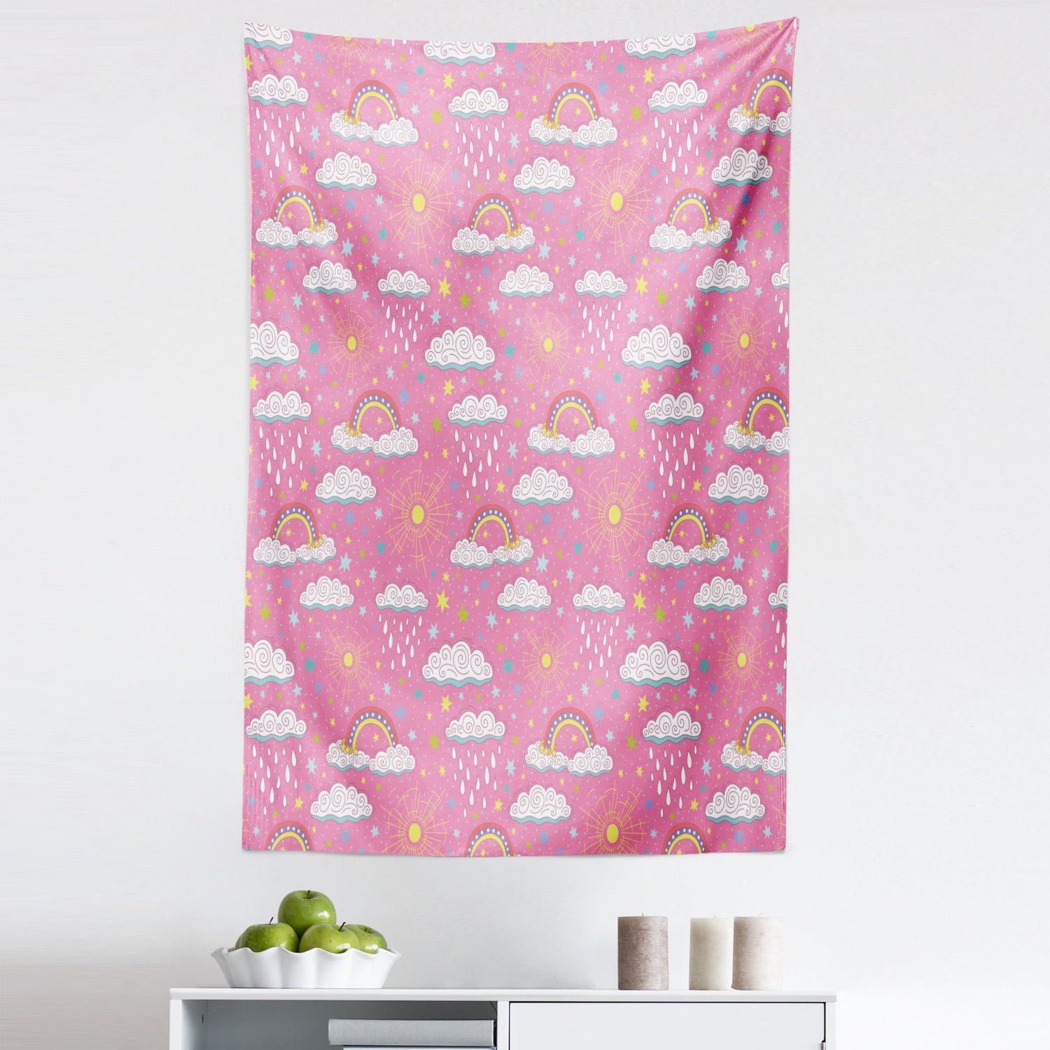 Rain Tapestry, Doodle Style Pattern with Rainbows Shower Rainy Clouds ...