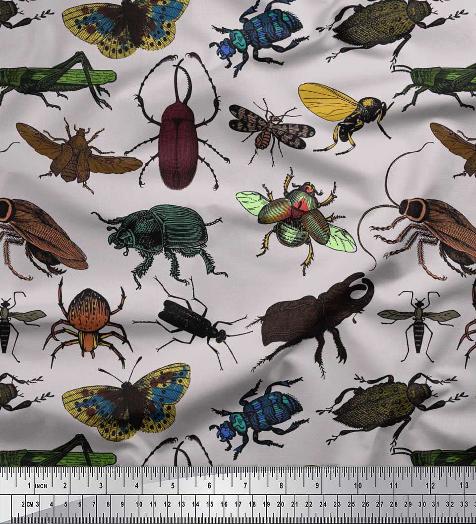 Soimoi Gray Modal Satin Fabric Beetle & Honey Bee Insects Print Fabric ...