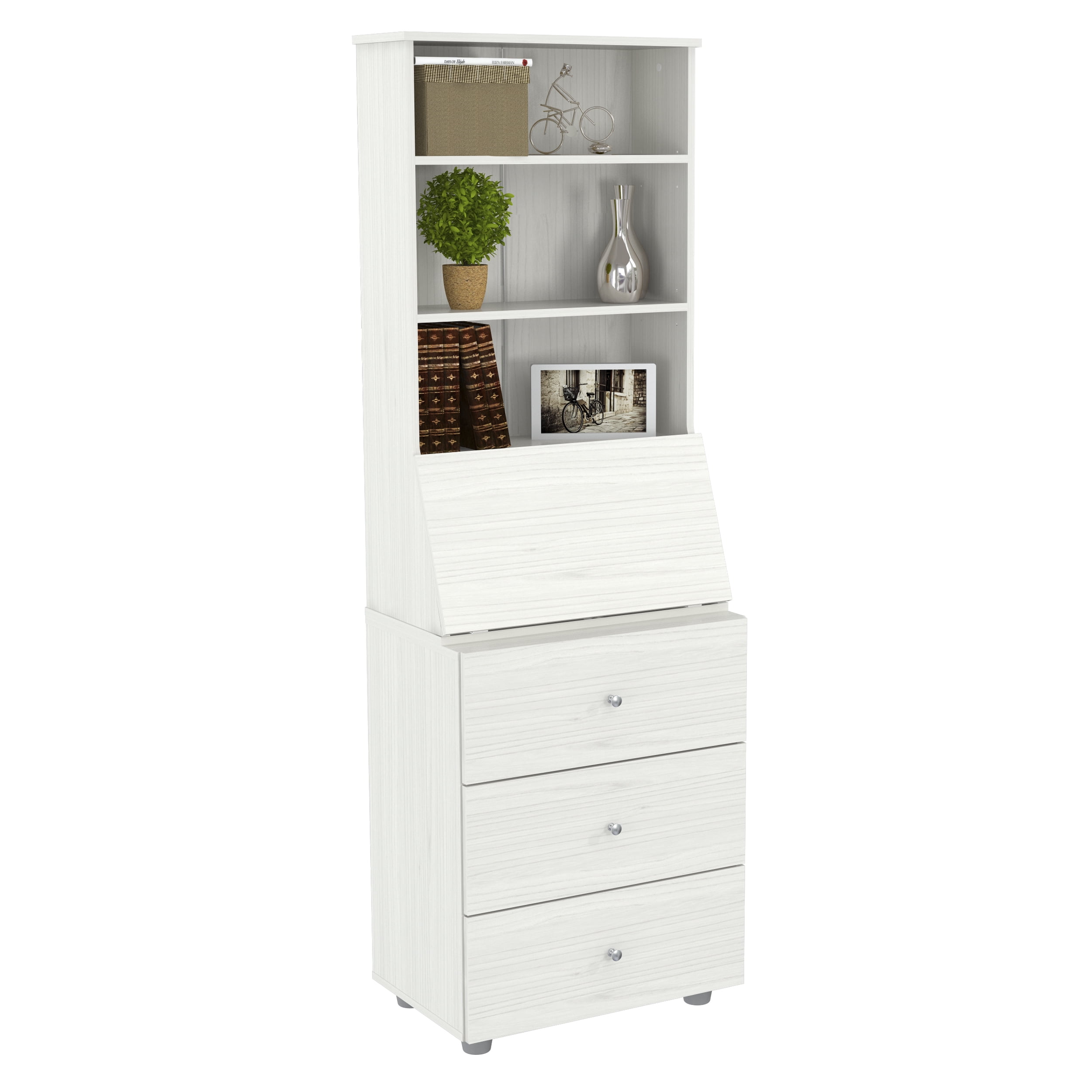 Inval Secretary Desk with Hutch and 3 Drawers, Washed Oak - Walmart.com ...