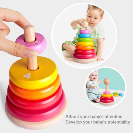 Stacking Tower Wood, Ring Pyramid Colorful with 7-Piece Wooden Button ...