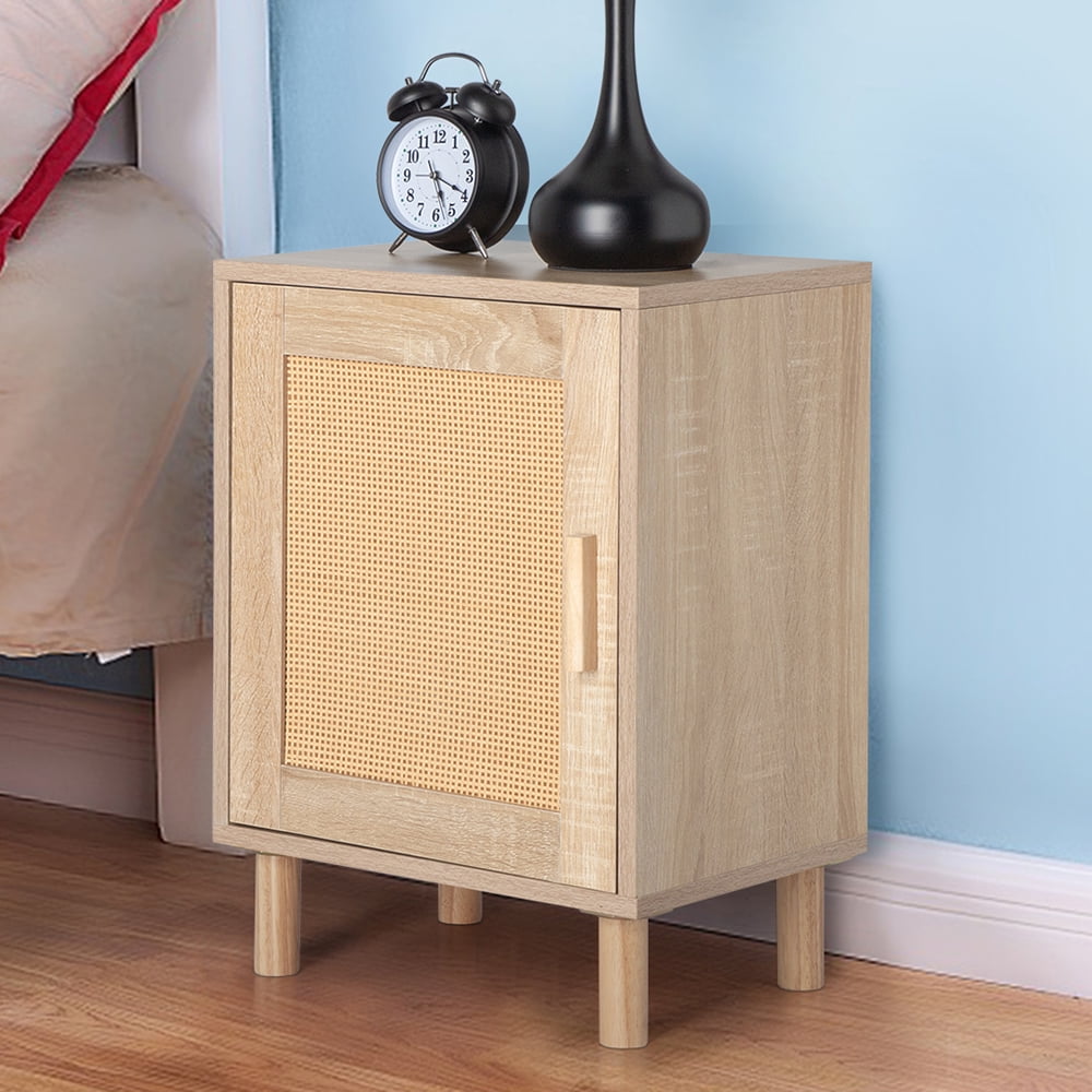 GZXS Modern Wood Nightstand with Rattan Decorated Door, Boho Style ...