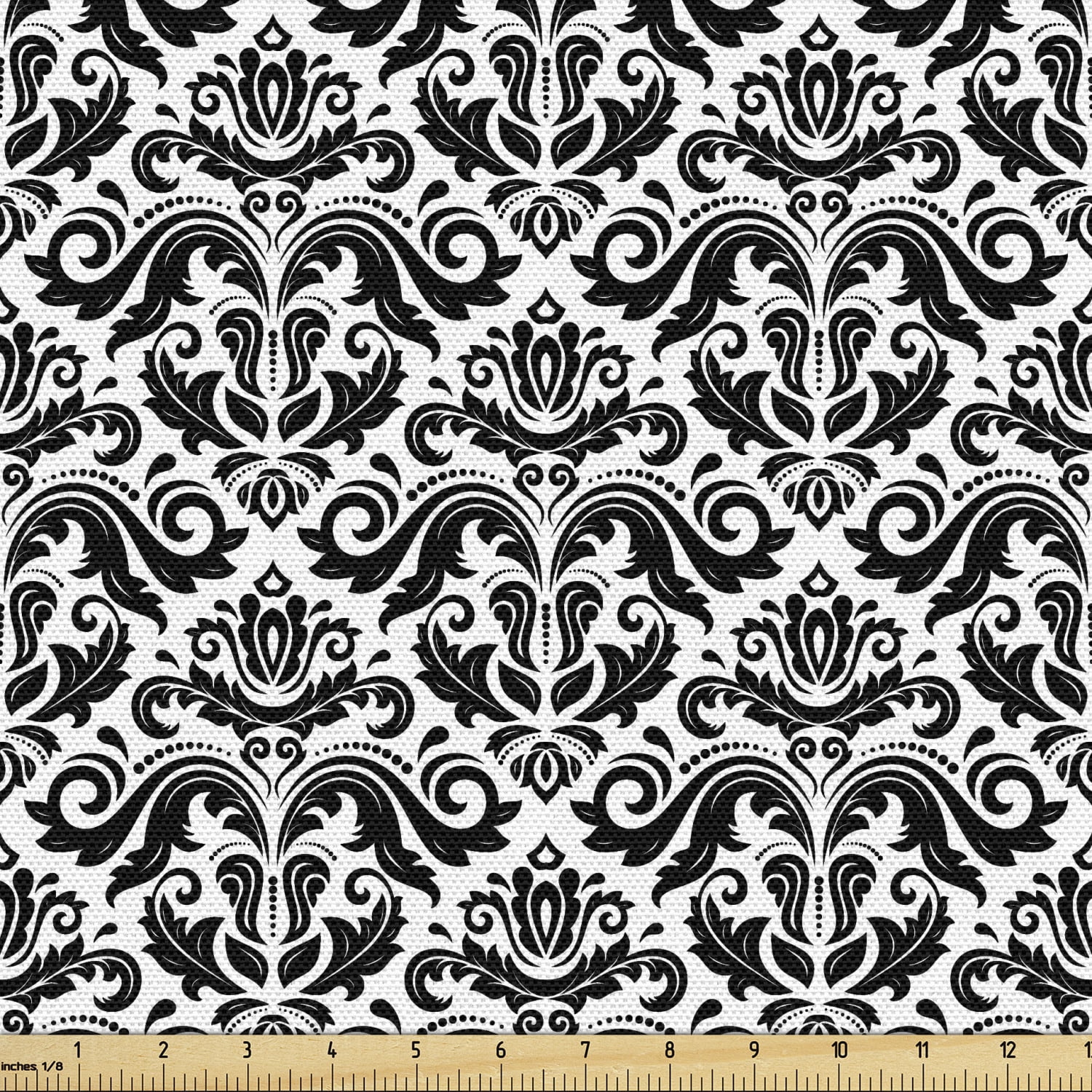 Damask Fabric by the Yard, Monochrome Floral Arrangement with Middle ...