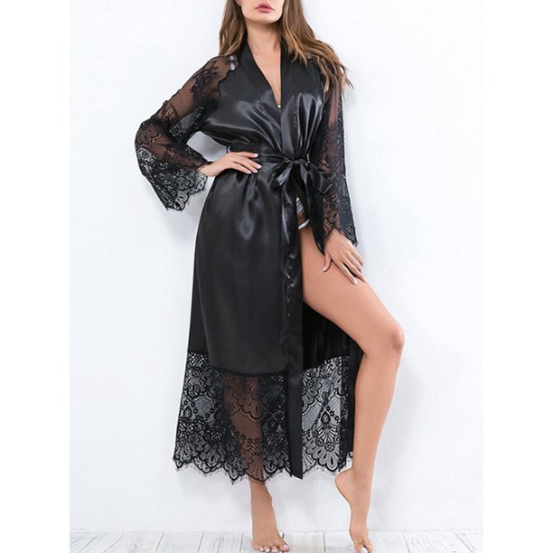 Women Satin Smooth Long Sleeve Kimono Bathrobe Lace Splicing Bridal