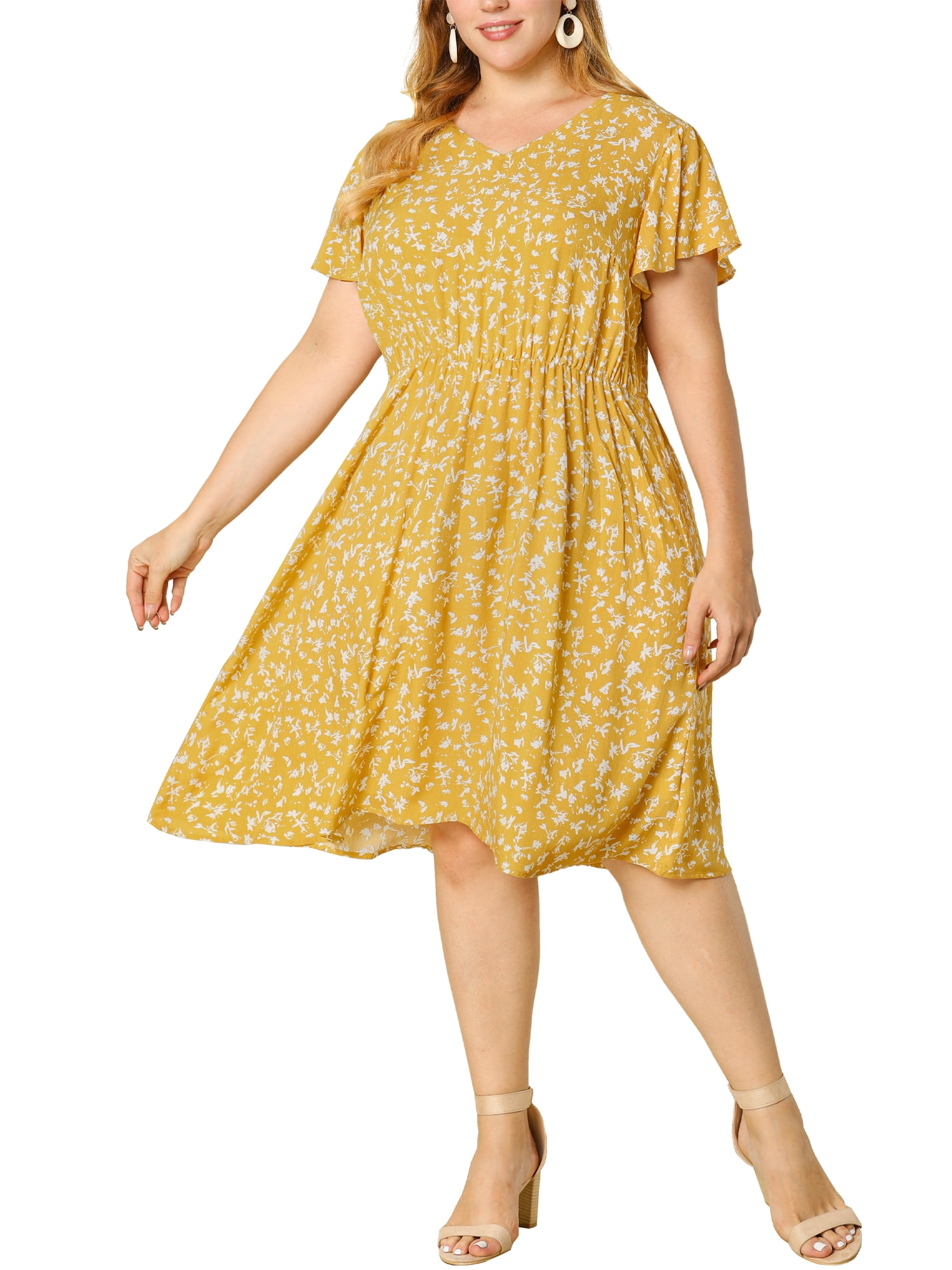 Agnes Orinda Womens Plus Size Summer V Neck Ditsy Floral Peplum Midi