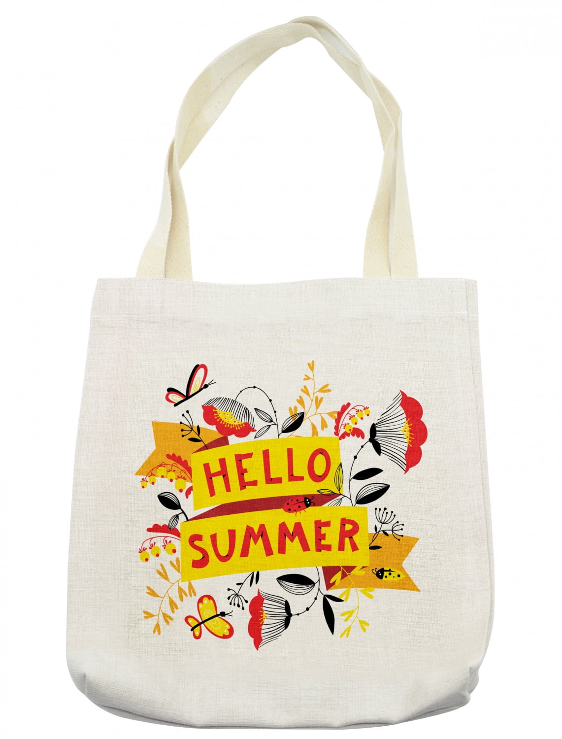 Hello Summer Tote Bag, Lettering with Flowers Leaves Butterfly Ladybug ...