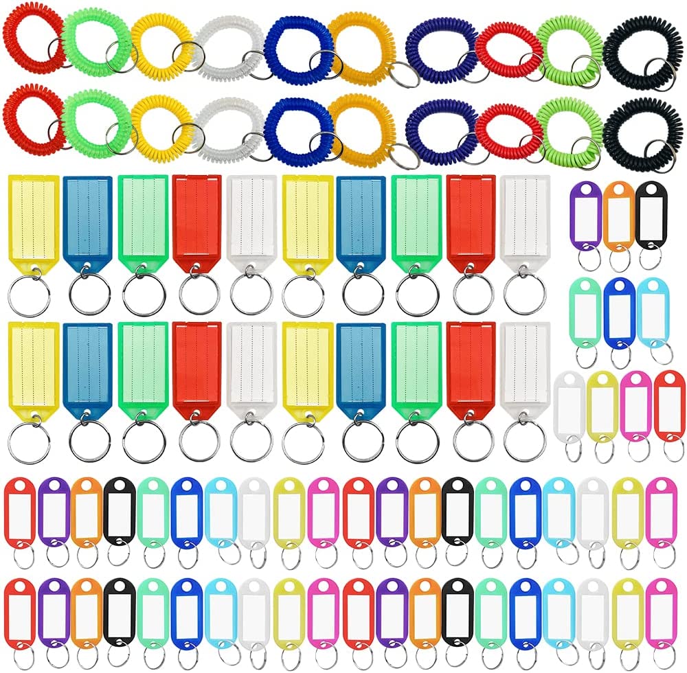Pack of 90 Wrist Coil Keychains and Tough Plastic Key Tags, DaKuan 20 ...