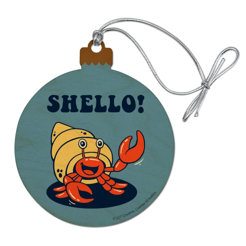 Shello Hello Hermit Crab Shell Funny Humor Wood Christmas Tree Holiday ...