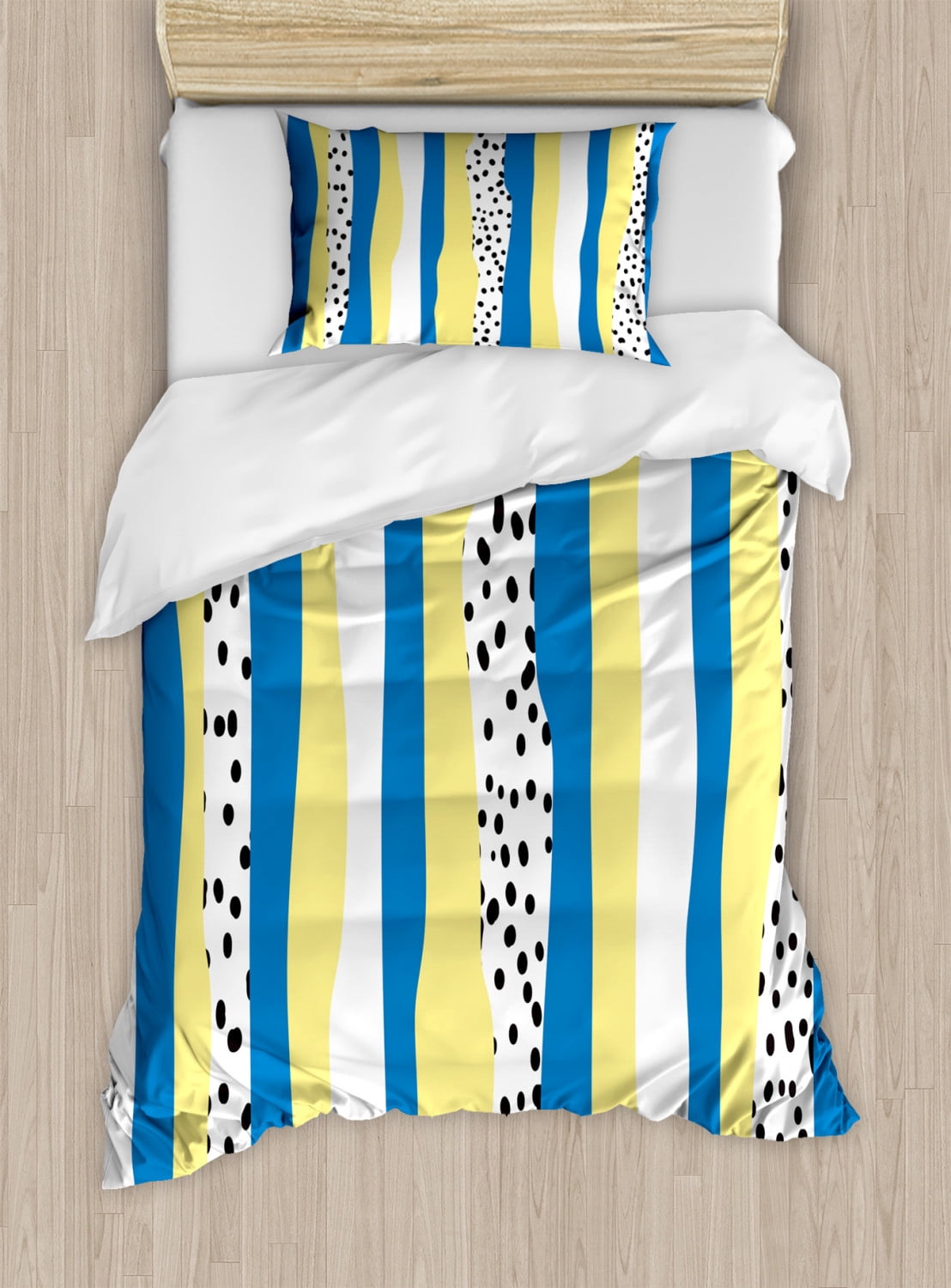 Yellow and Blue Duvet Cover Set Twin Size, Memphis Style Vertical Bold ...