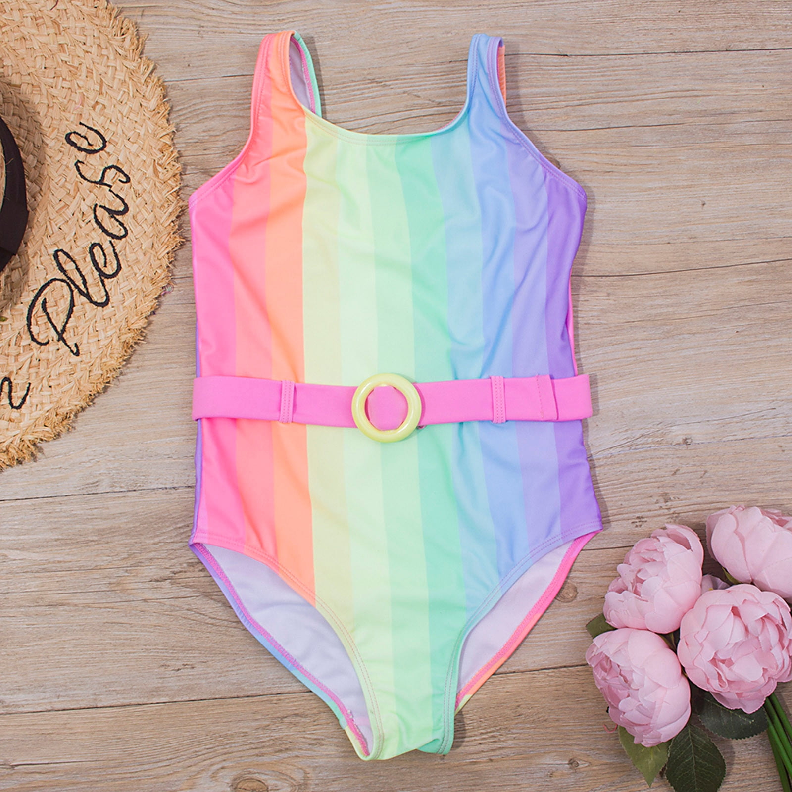 Honeeladyy Kids Girls Swimsuit Rainbow Stripe Sunshine Backless Beach ...