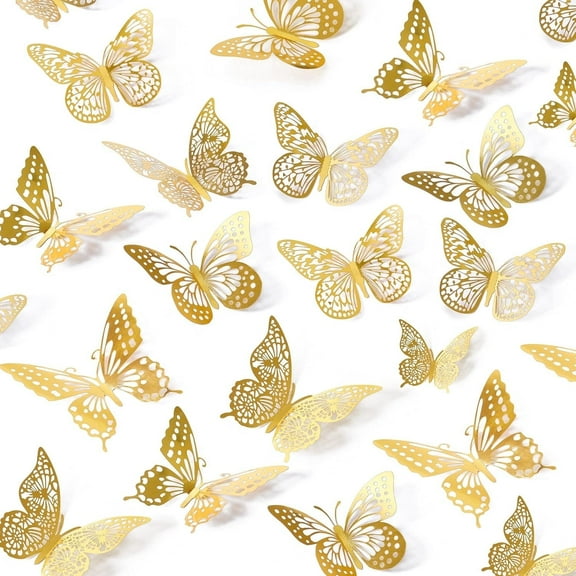 3D Butterfly Wall Decor - 12 Pcs, 3 Sizes, Gold Butterfly Decorations ...