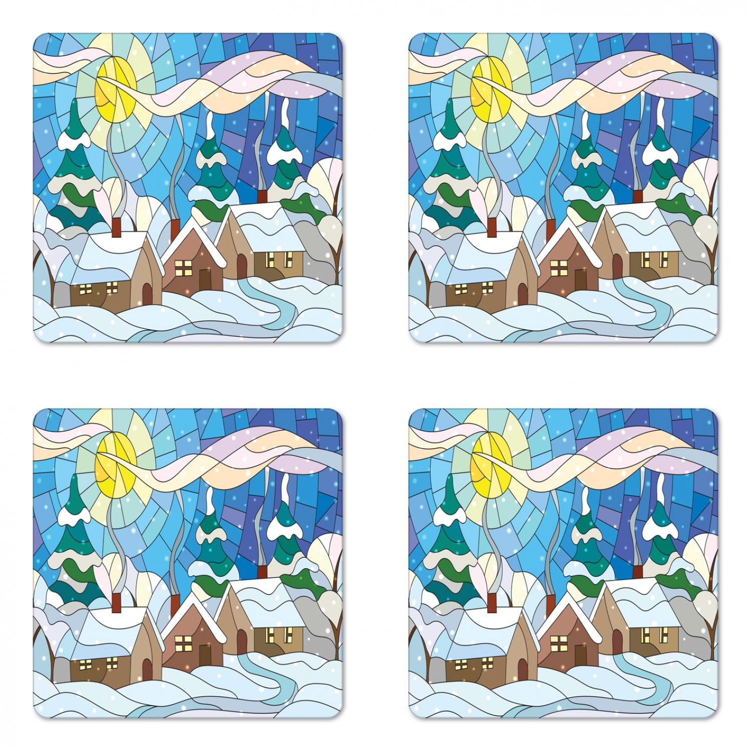 Winter Coaster Set of 4, Stained Glass Inspired Art with Cold Snowy ...