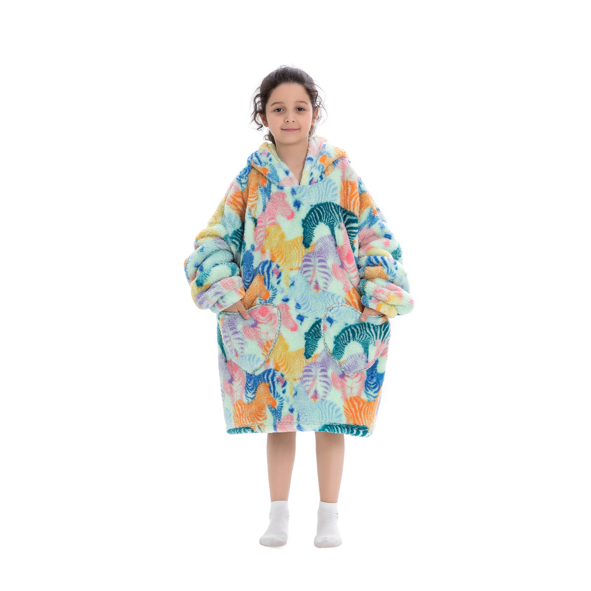 Caitzr Oversized Wearable Blanket Hoodie For Adult Kids - Big Hooded Sherpa Junior Sweatshirt With Front Pocket
