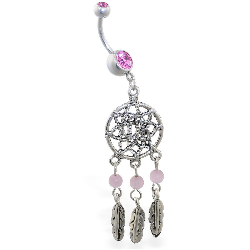 Belly Button Ring With Dangling Dream Catcher And Feathers,Pink ...