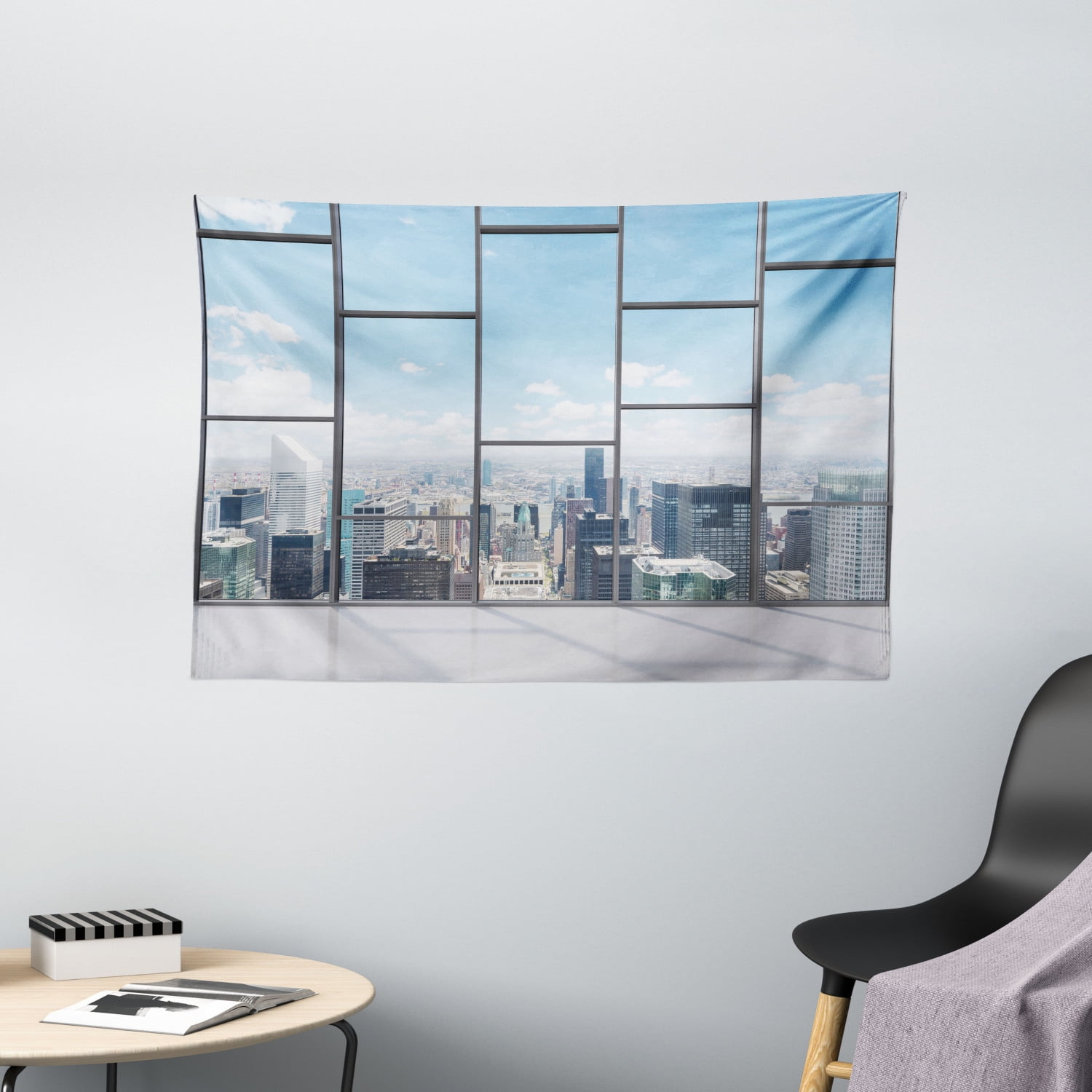 Modern Decor Tapestry, Office with Big Wide Windows City Building ...