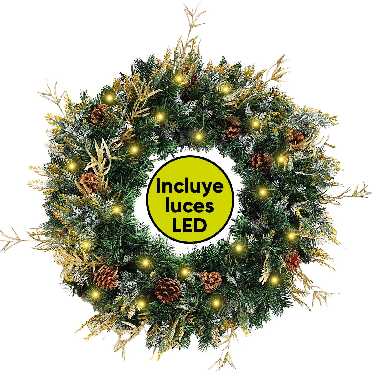 Corona de Navidad Iluminada dorada de 50cm con piñas Blissful y 2 tipos ...