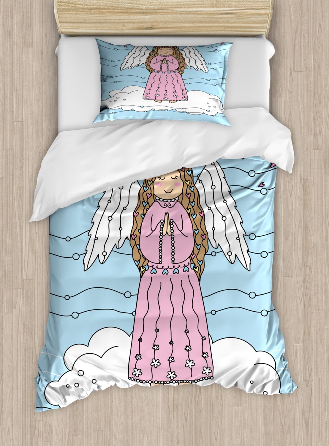 Angel Wings Duvet Cover Set Twin Size, Girl on Clouds Praying for Love ...