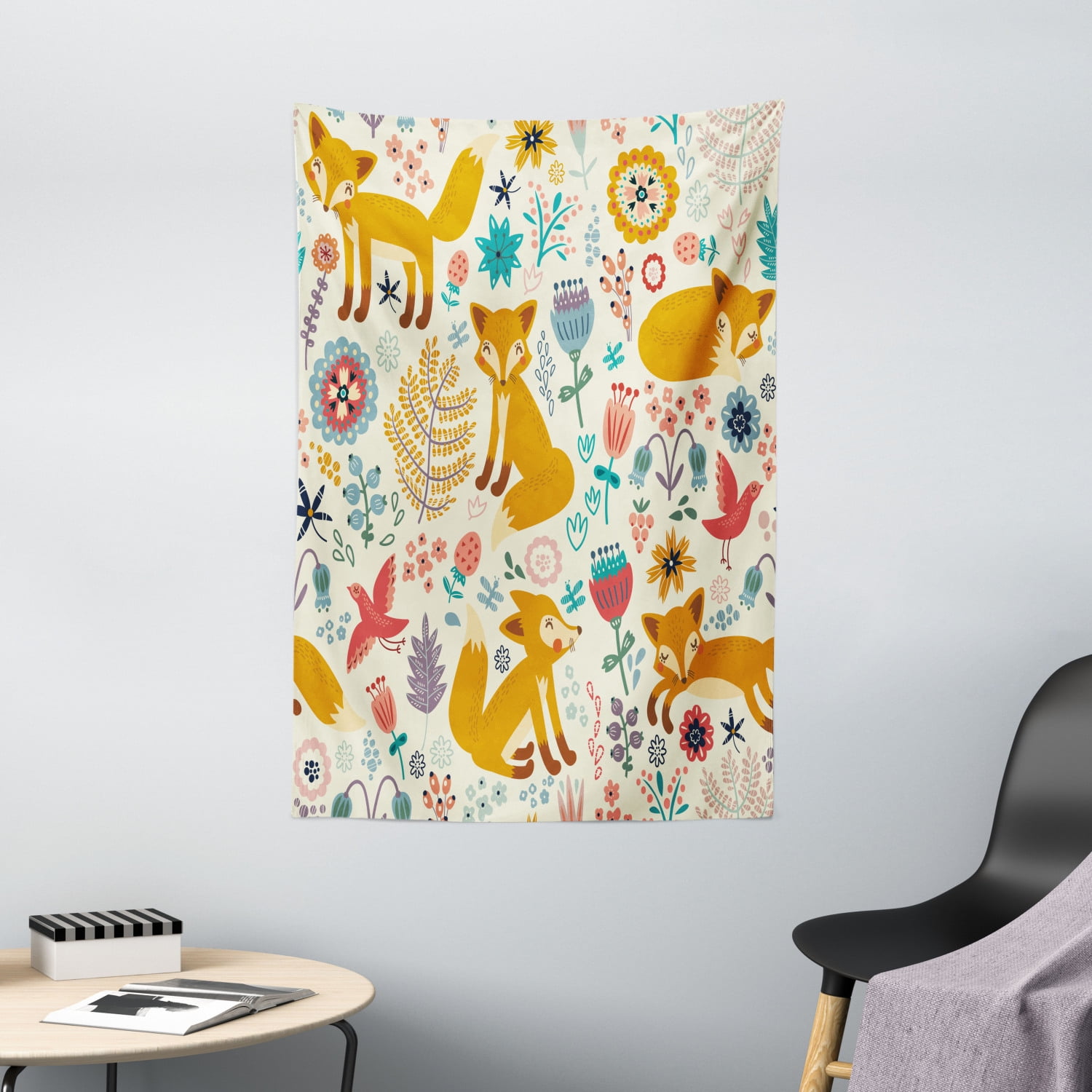 Fox Tapestry, Natural Wildlife Composition with Cute Foxes Ornate ...
