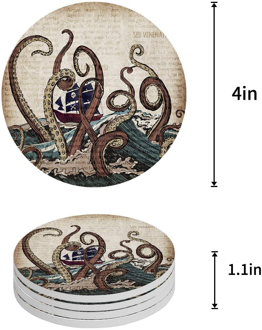 FMSHPON Nautical Theme Octopus On Old Newspaper Set of 4 Round Coaster ...